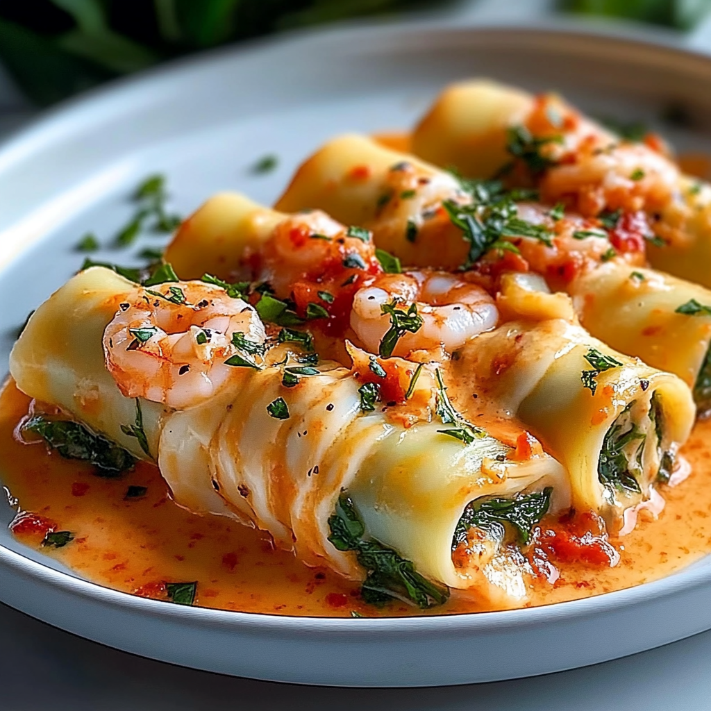 Shrimp and Spinach Stuffed Pasta Rolls with Roasted Red Pepper Cream ...